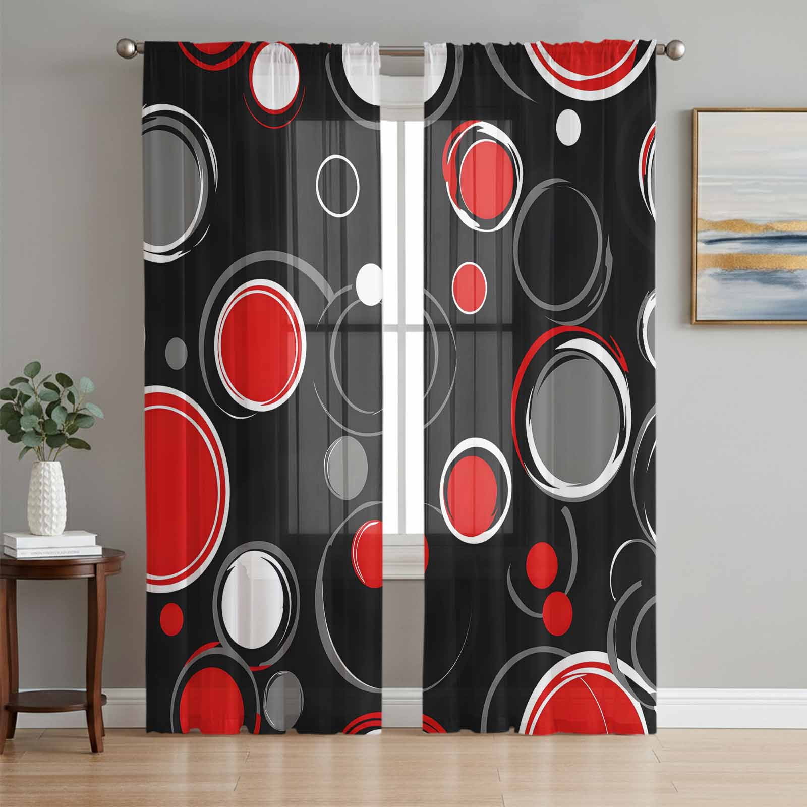 Abstract Black Semi Sheer Curtains 84 Inch Length 2 Panels Set, Modern ...