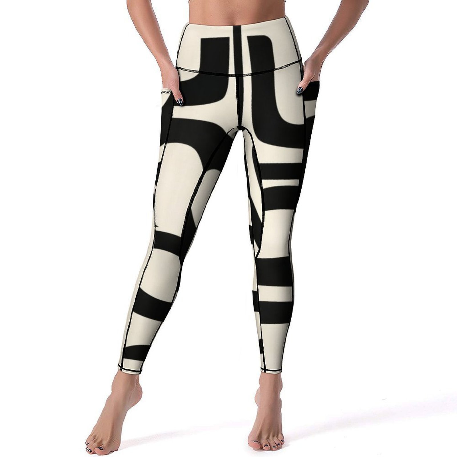 Abstract Black Shapes Cream Background Leggings Legging Gym Gym Pants ...