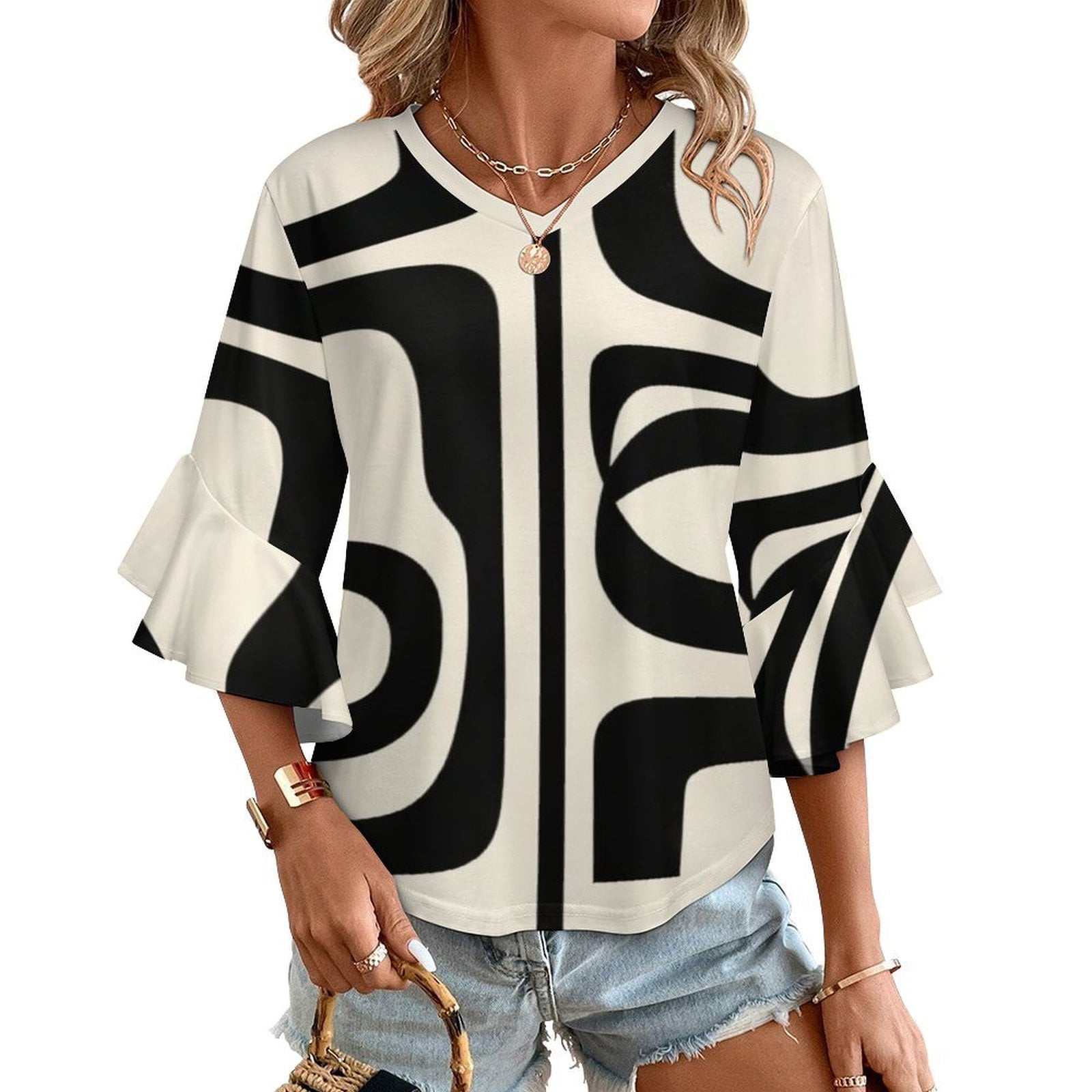 Abstract Black Shapes Cream Background Women's V-Neck Blouse With 3/4 ...