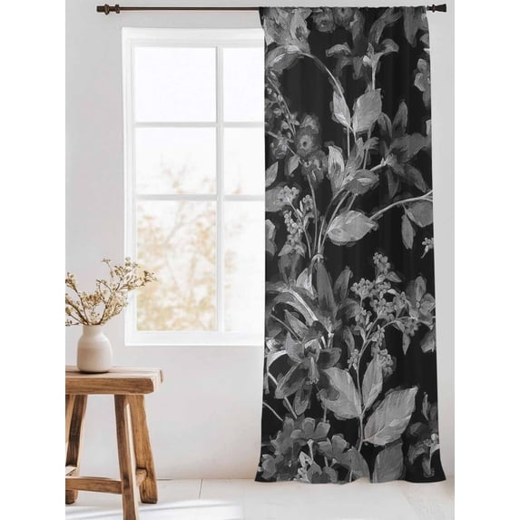 Abstract Black Sheer Curtains 108 Inch Long 1 Panel and White Flowers ...