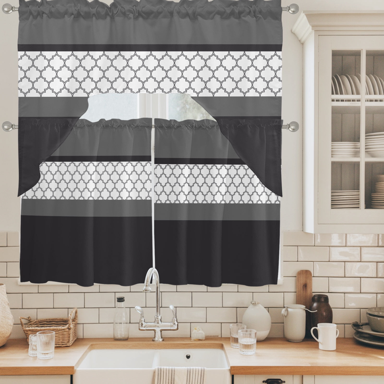 Abstract Black Swag Curtains Valance and Tier Set, Grey Stripes ...