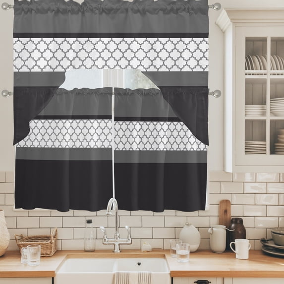 Abstract Black Swag Curtains Valance and Tier Set, Grey Stripes ...