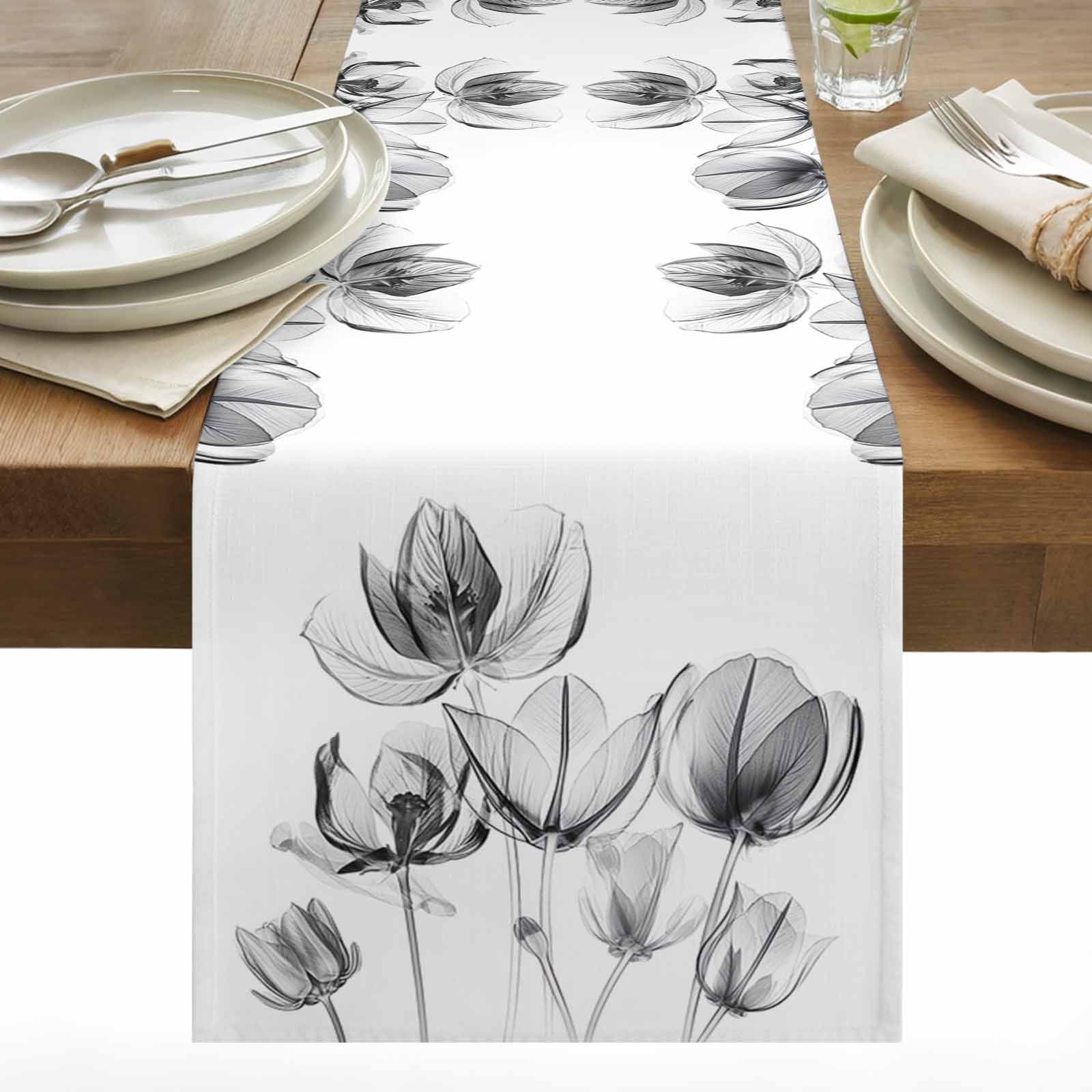 Abstract Black Table Runner 13x72 inch Laser Tulip Flowers White ...