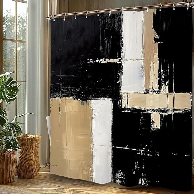 Abstract Black Tan Modern Shower Curtain Set Painting Contemporary ...
