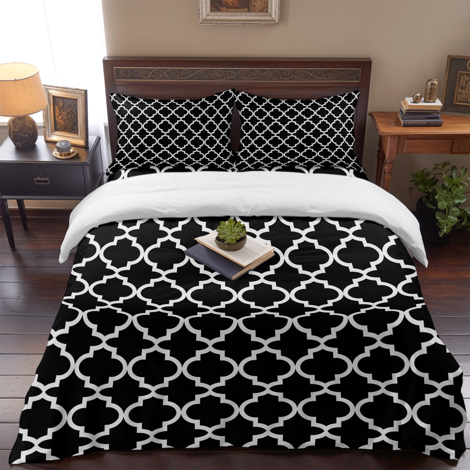 Abstract Black Trellis Morocco Queen Size Bed Set,Farmhouse Minimalist ...