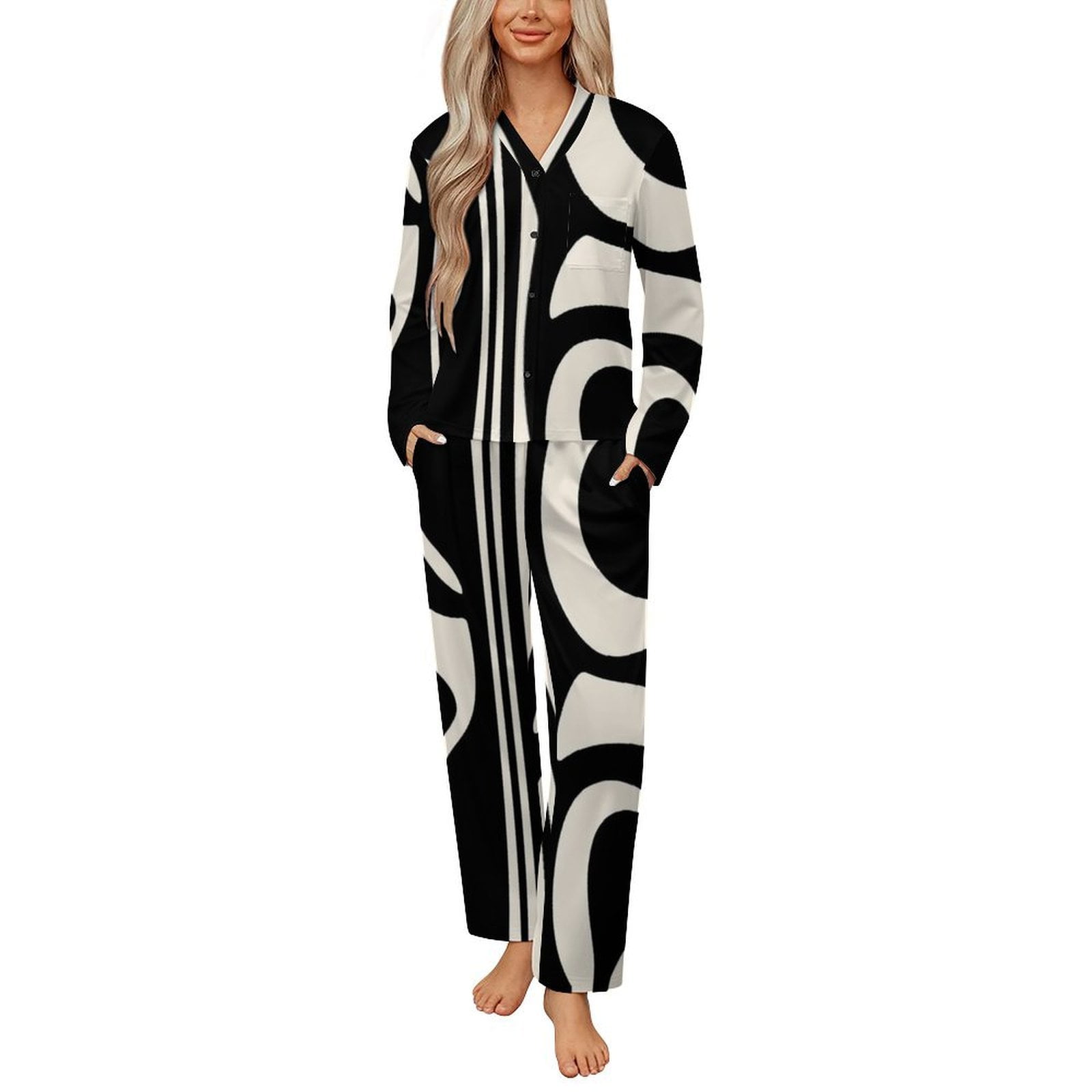 Abstract Black White Art Design Womens Pyjamas Set Button Up Pyjamas ...