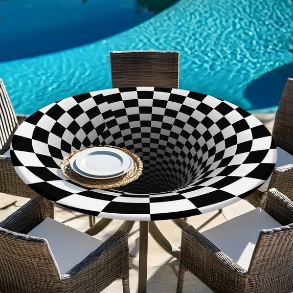 Abstract Black White Checkered Round Fitted Tablecloth with Elastic ...