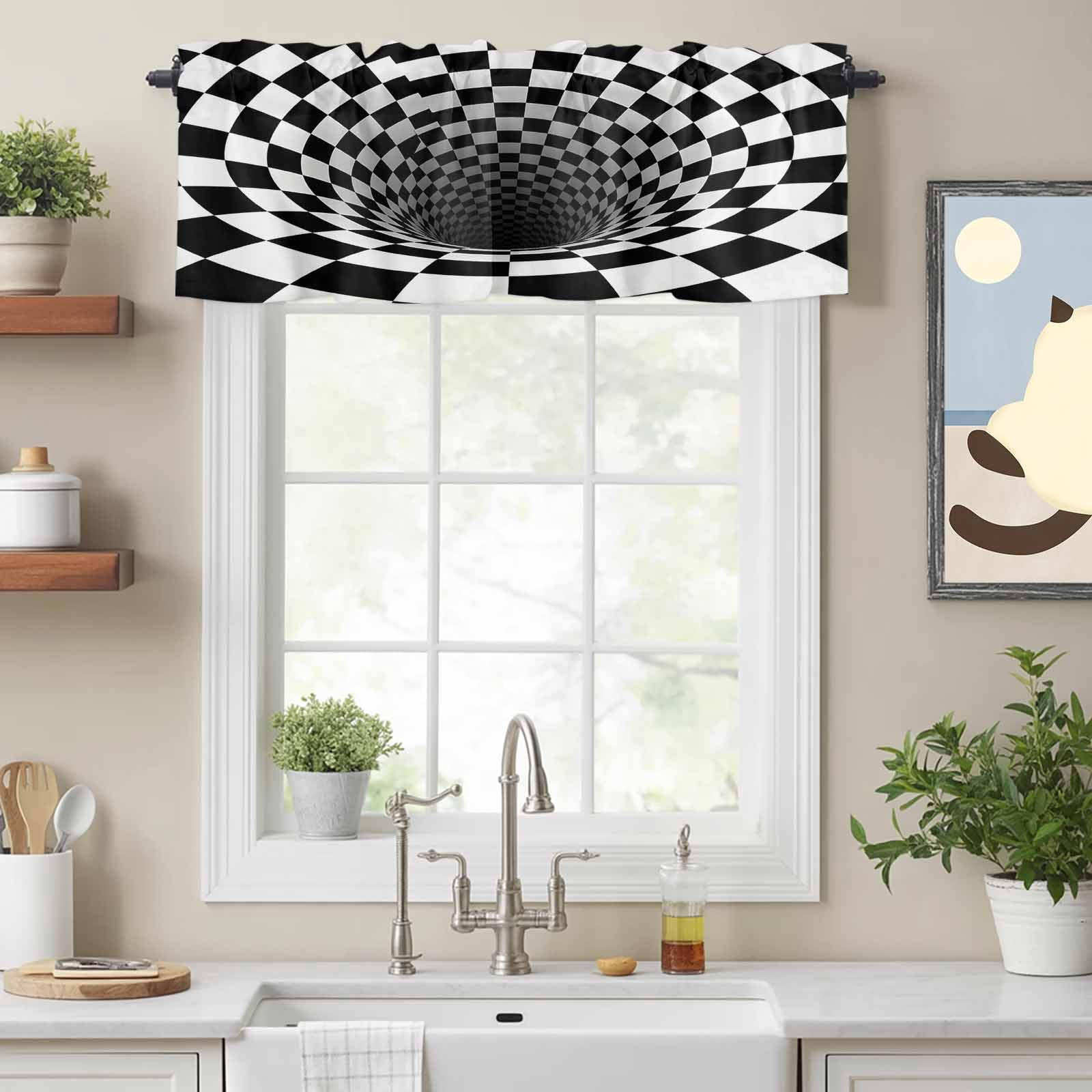 Abstract Black White Checkered Valances for Windows,Kitchen Valance Rod ...