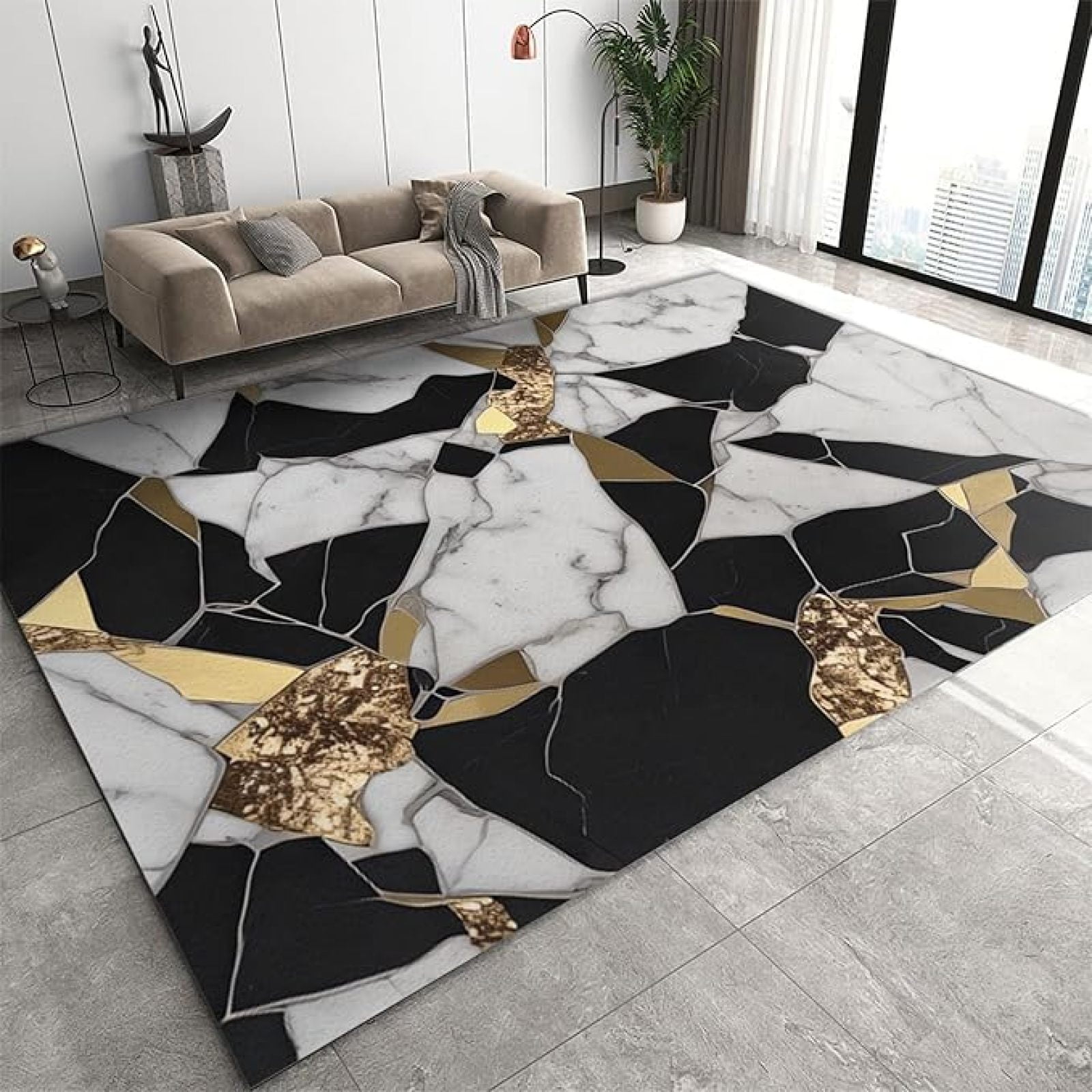 Abstract Black White Cracked Marble Area Rug, Luxury Gold Texture Non ...