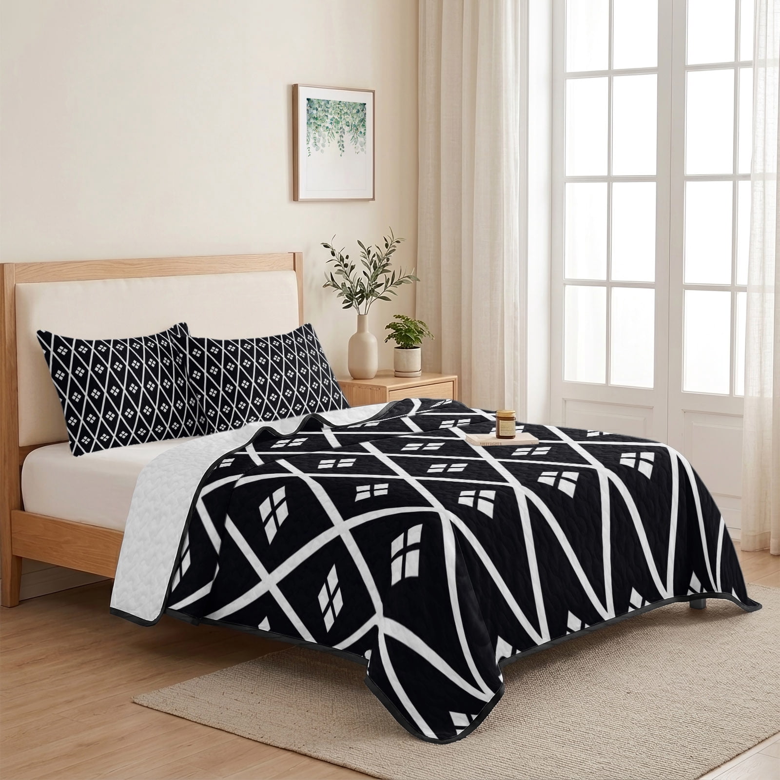 Abstract Black White Geometric Pattern 3 Pieces Quilt Set,1 Quilt with ...