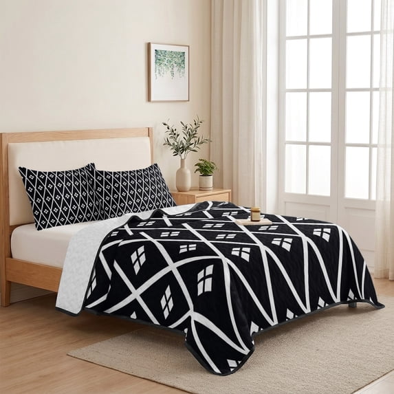 Abstract Black White Geometric Pattern 3 Pieces Quilt Set,1 Quilt with ...