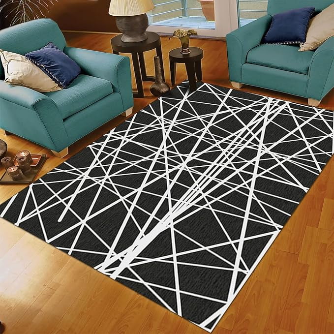 Abstract Black And White Grid Area Rug, Geometric Triangles Soft ...