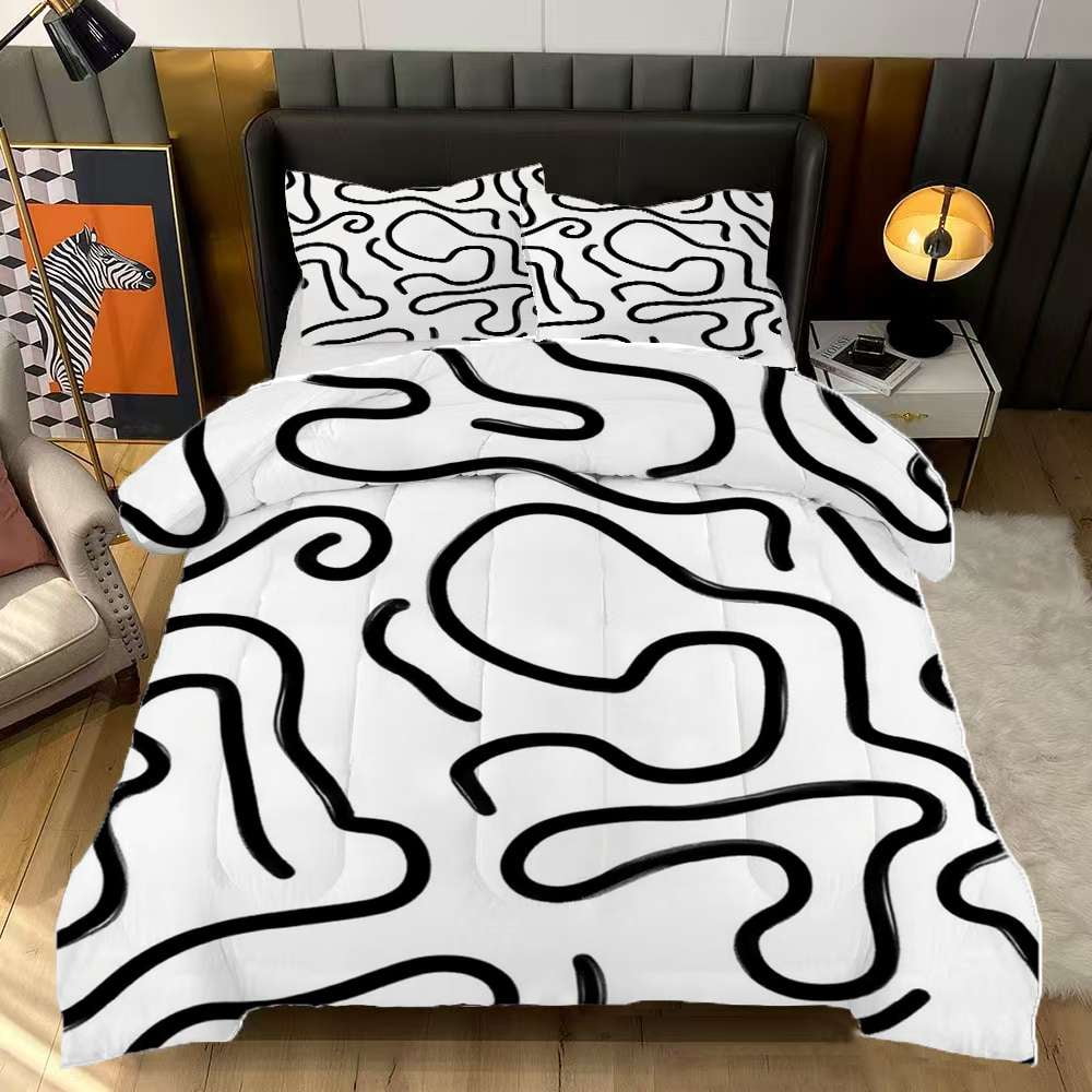 Abstract Black White Lines Art Comforter Set Full Size Bedding Set For ...