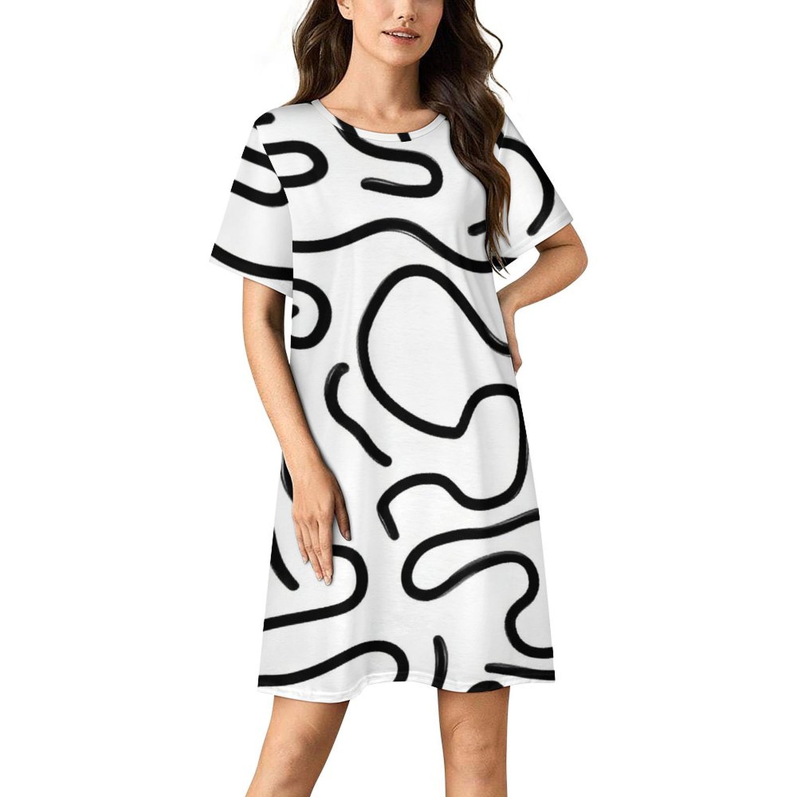 Abstract Black White Lines Art Women Nightgown Sleepwear Short Sleeves ...