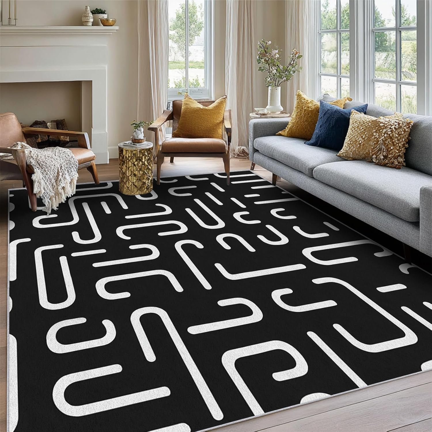 Abstract Black White Maze Area Rug, Modern Design Carpet, Washable Non ...