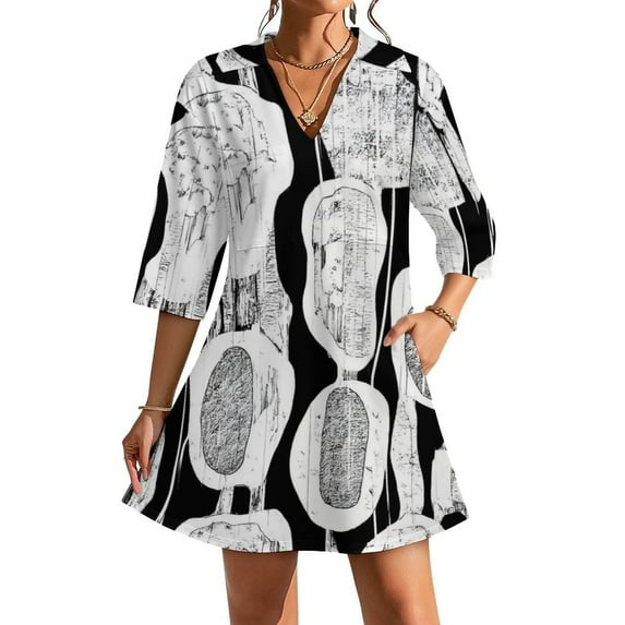 Abstract Black White Pattern Womens Dress With Pockets Summer V Neck 3/ ...