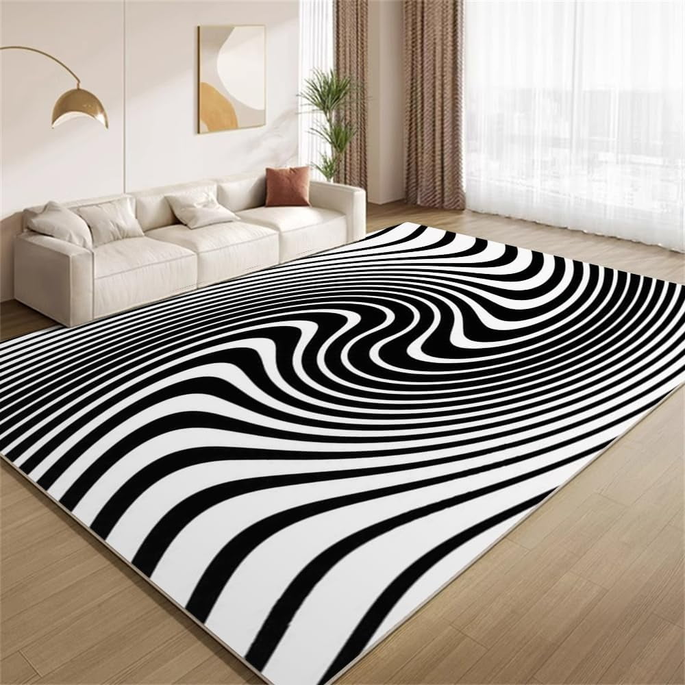 Abstract Black White Rug 2x3 Small Area Rugs Illusion Wavy Stripes Rugs ...