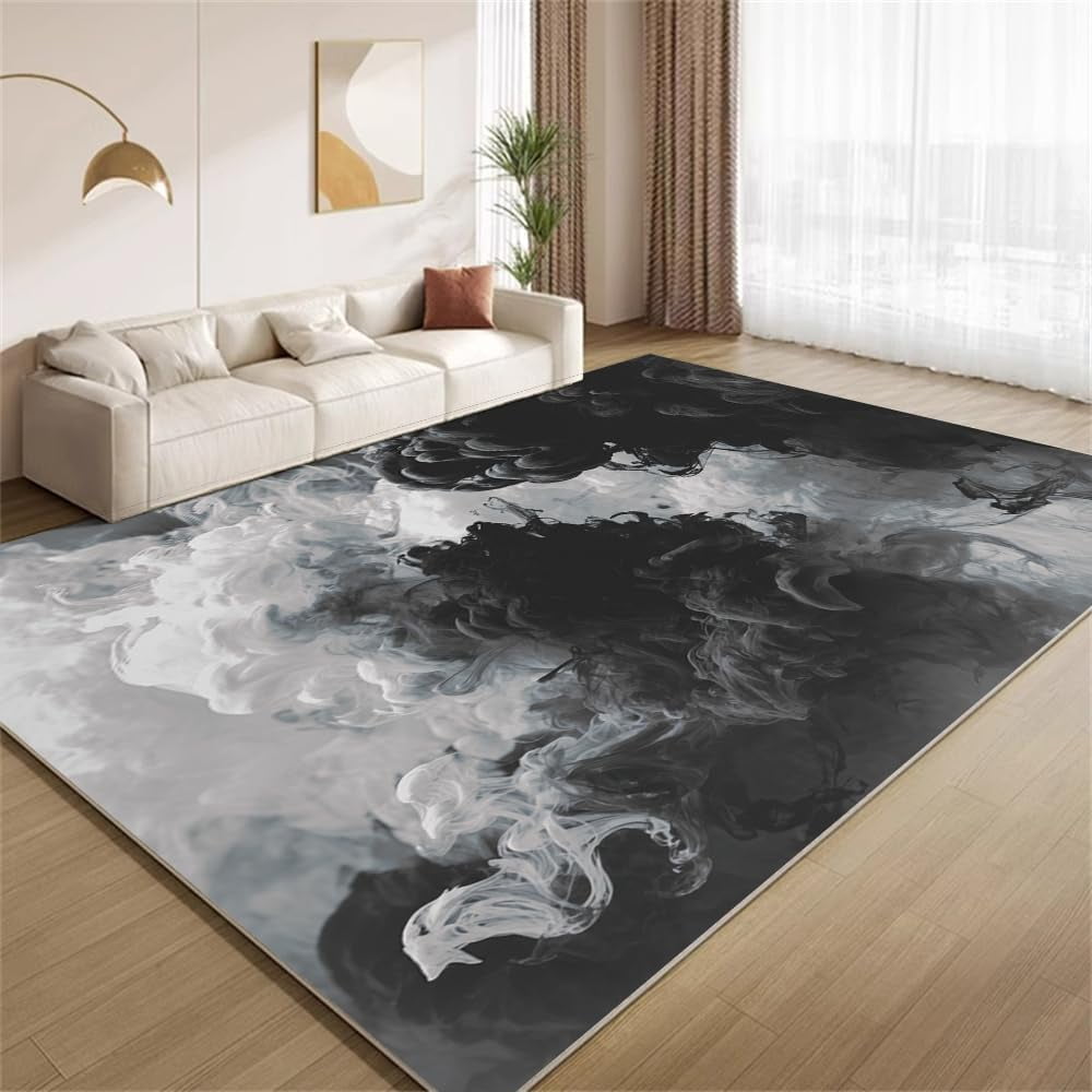 Abstract Black White Rug 5x6 Area Rugs Paint Smoke Texture Rugs Non ...