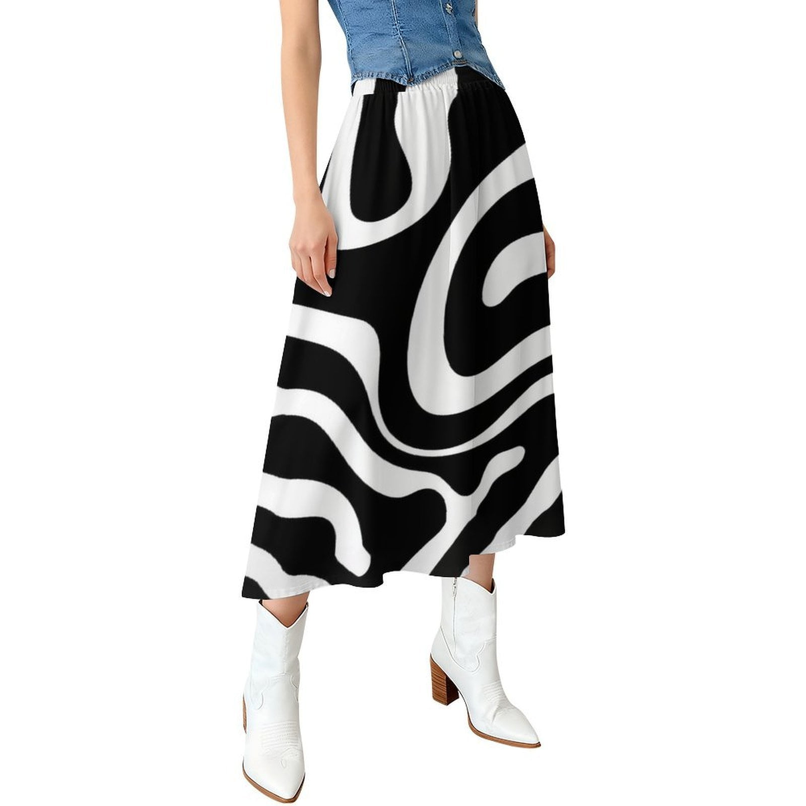 Abstract Black White Swirl Art Women High Waist Midi Skirt Elegant Midi ...