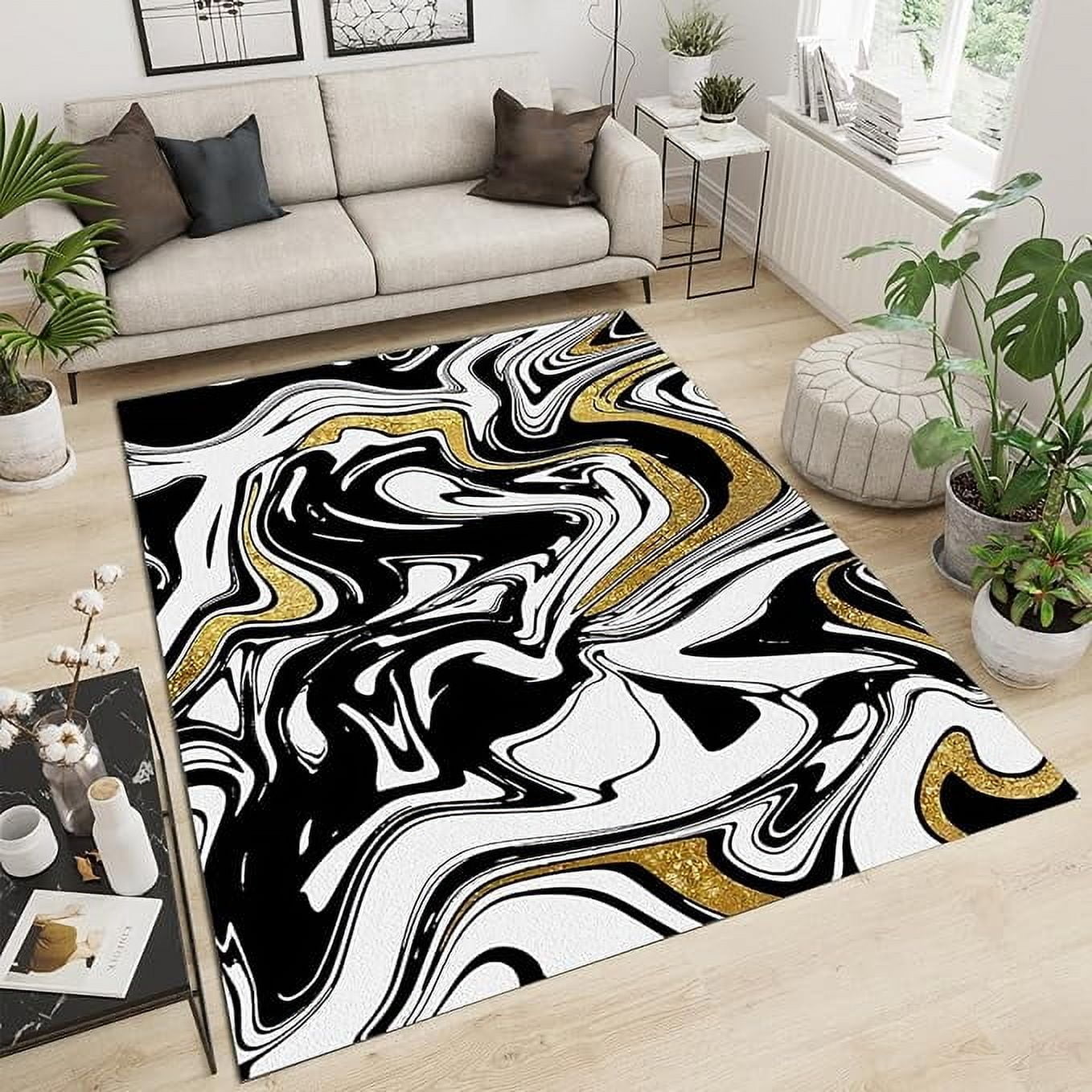Abstract Black And White Swirl Texture Area Rugs, Luxurious Geometric ...