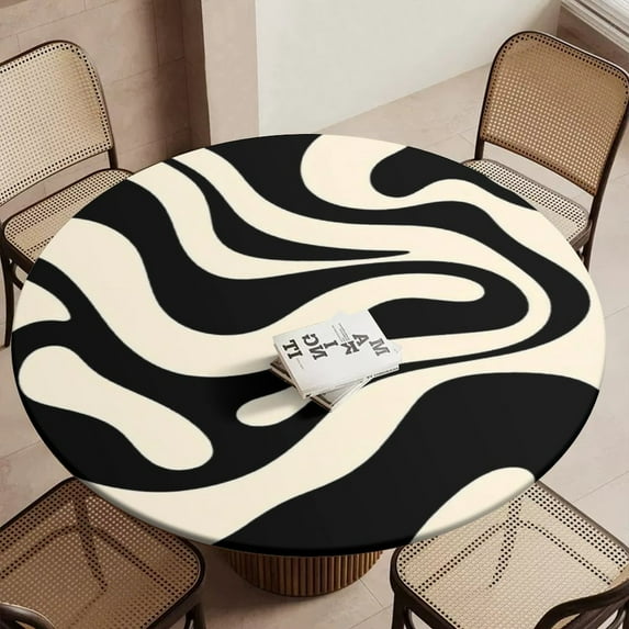 Abstract Black White Waves Pattern Round Table Cover Kitchen Printed ...