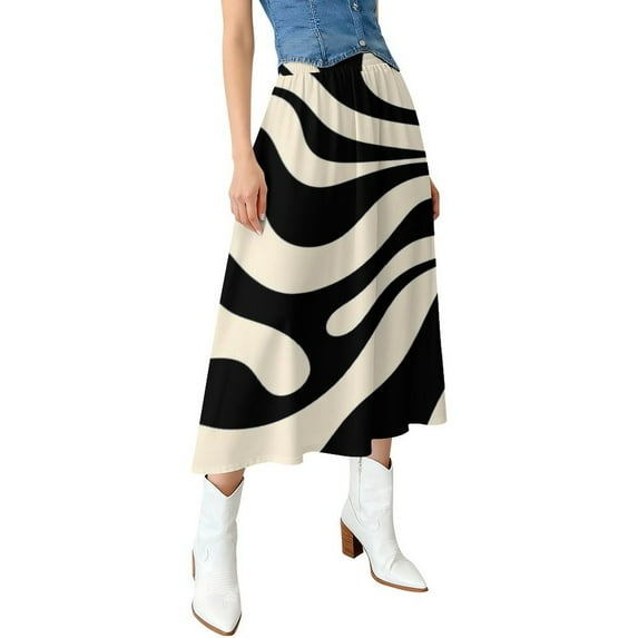 Abstract Black White Waves Pattern Women High Waist Midi Skirt Elegant ...