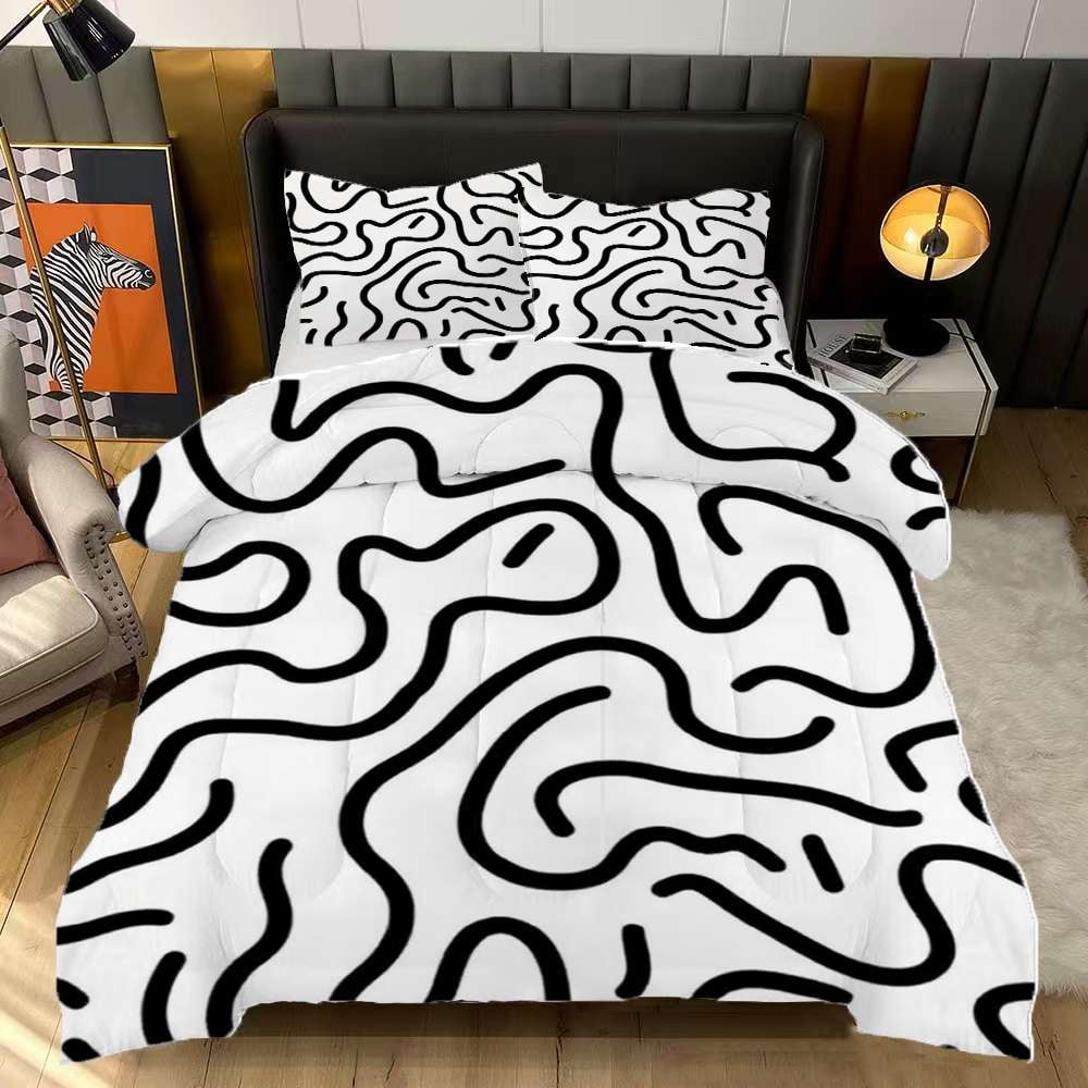 Abstract Black White Wavy Lines Comforter Set Queen Size Bedding Set ...