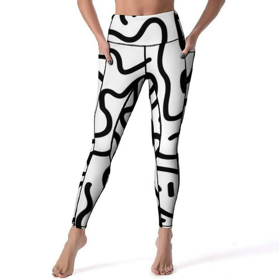 Abstract Black White Wavy Lines Leggings Gym Wear Gym Sportswear Woman ...