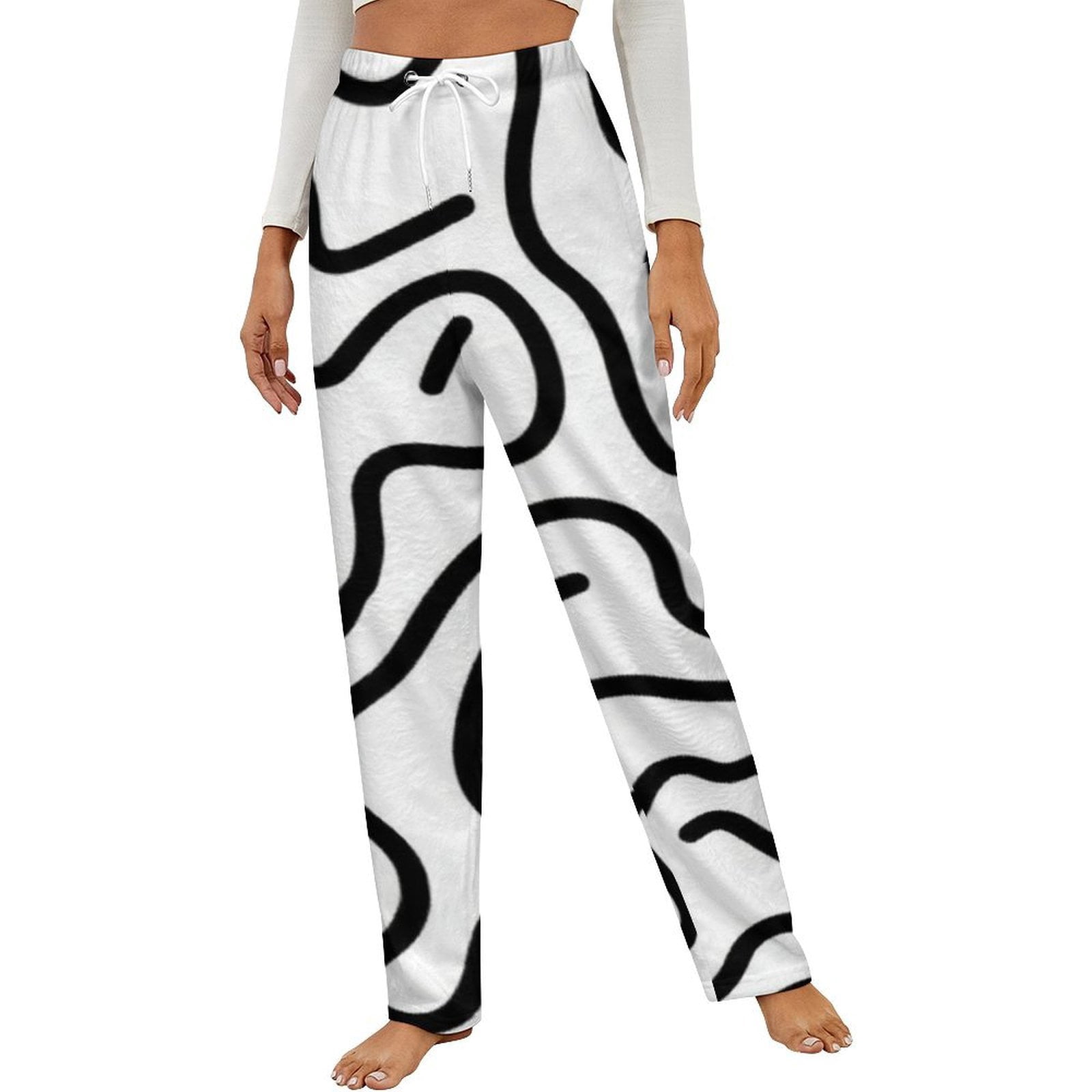Abstract Black White Wavy Lines Winter Female Pants Flannel High Waist ...