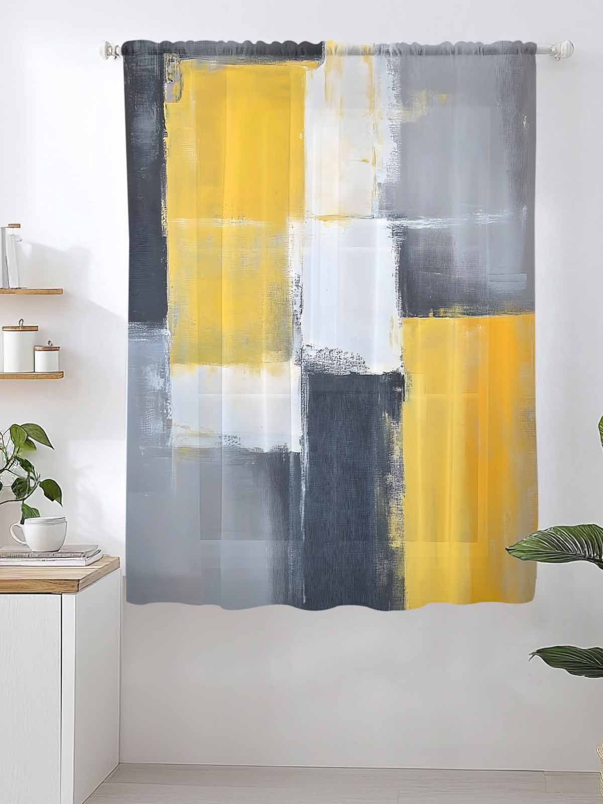 Abstract Black Yellow Gray Sheer Curtains 63 Inch Long 1 Panel Oil ...