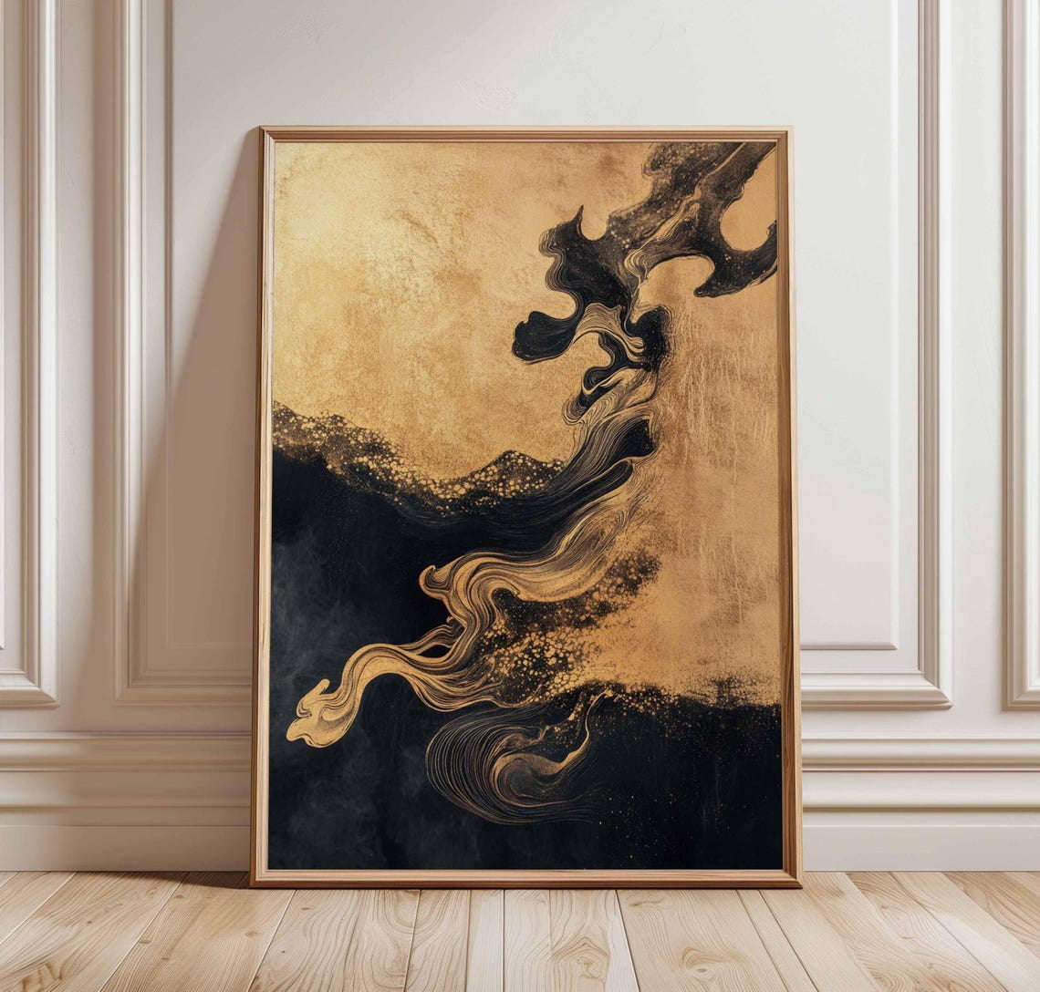 Abstract Black and Gold Flowing Lines Modern Luxury Contemporary Art ...