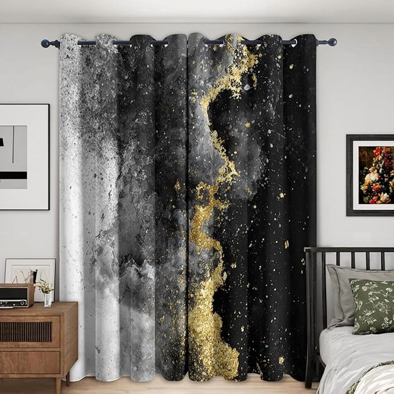 Abstract Blackout Curtains, Black White Gold Modern Curtains for ...