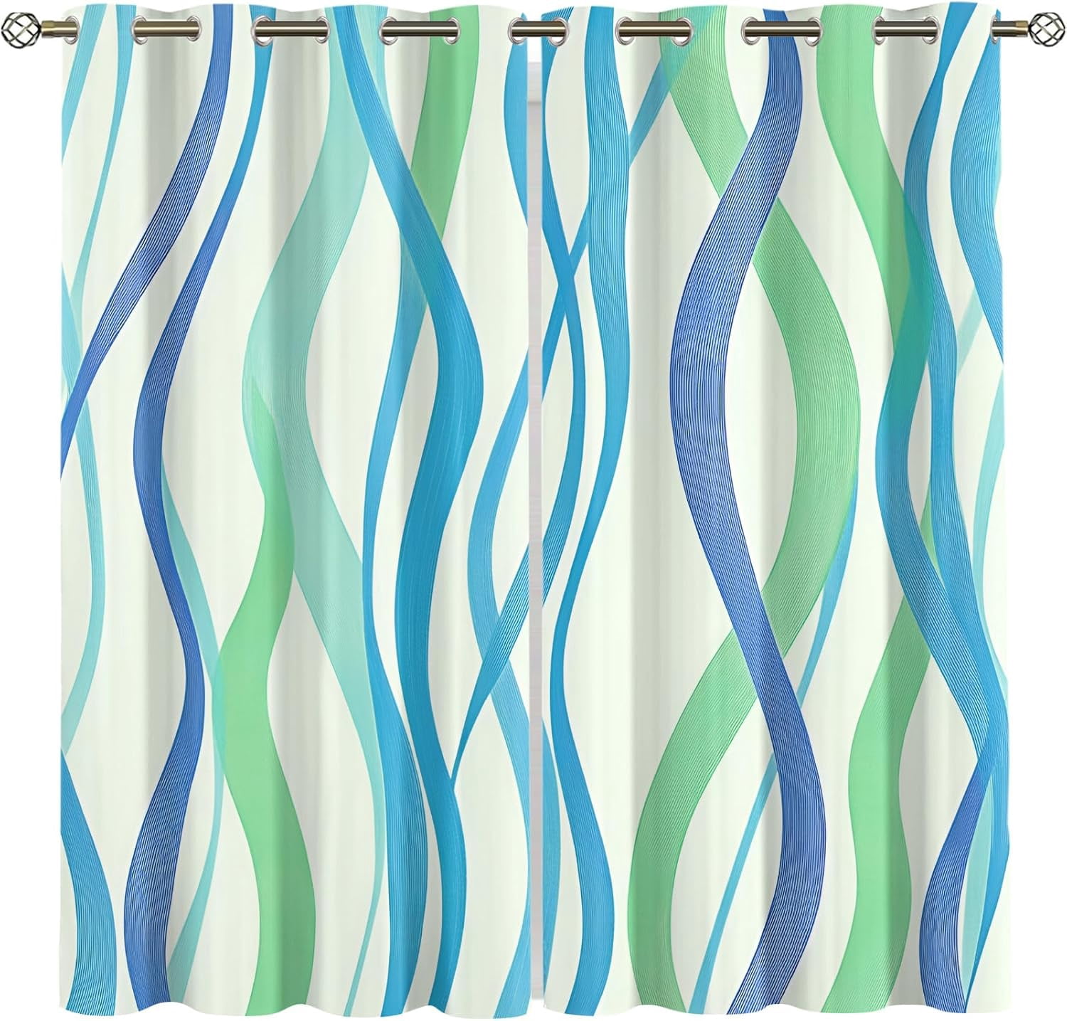 Abstract Blackout Curtains, Blue Green Wavy Stripe Window Drapes for ...