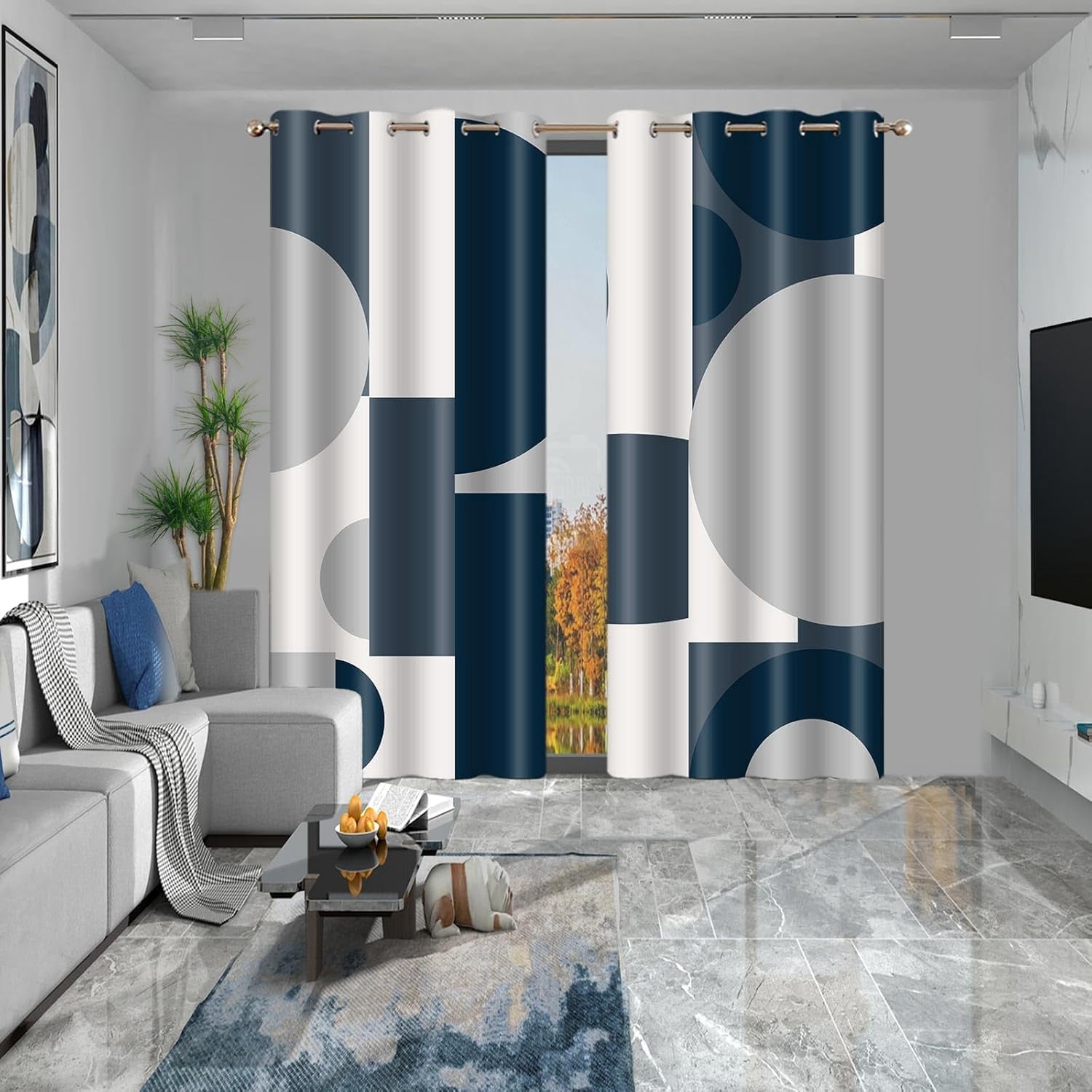 Abstract Blackout Curtains Navy Blue Modern Geometric Circles Curtain ...
