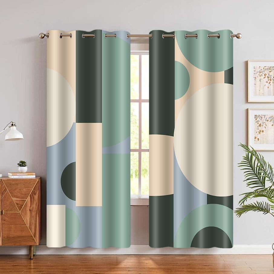 Abstract Blackout Curtains Sage Green Beige Modern Geometric Circles ...