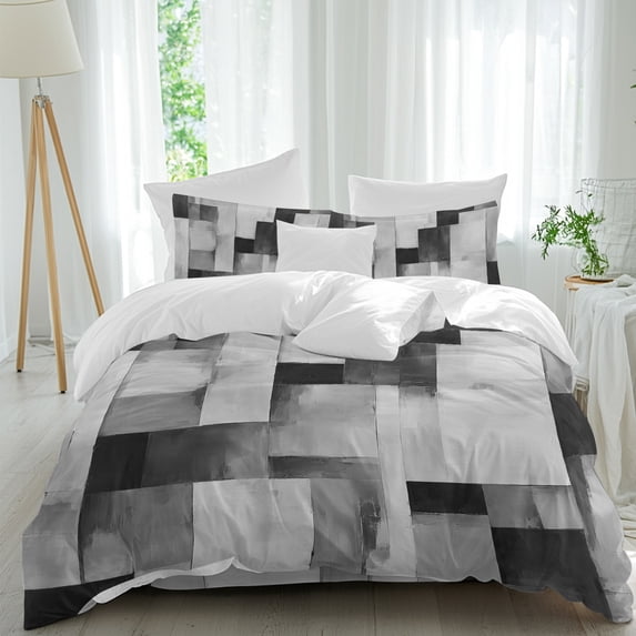 Abstract Block California King Duvet Cover Set, Minimalist Black Gray ...