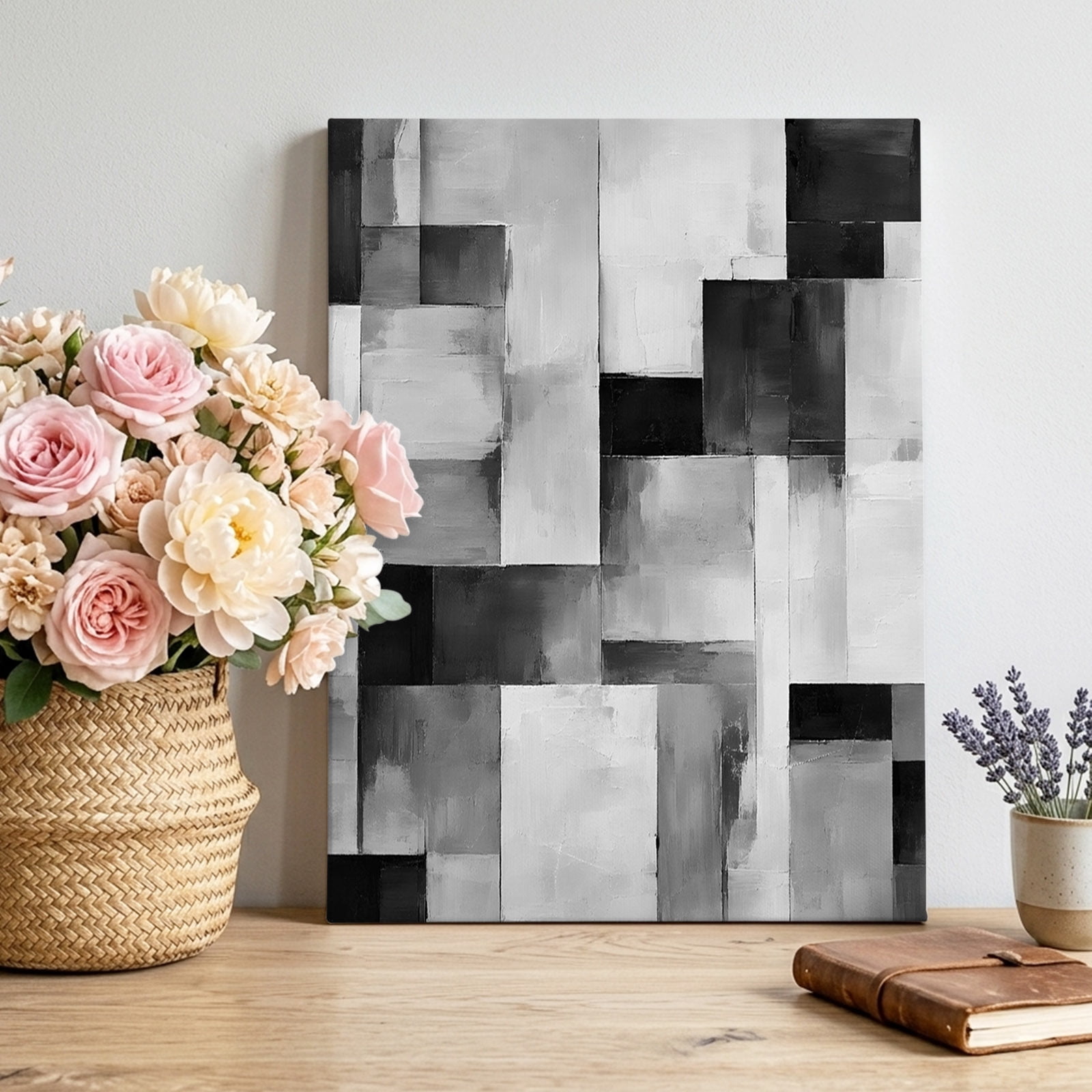 Abstract Block Canvas Wall Art for Living Room, Minimalist Black Gray ...