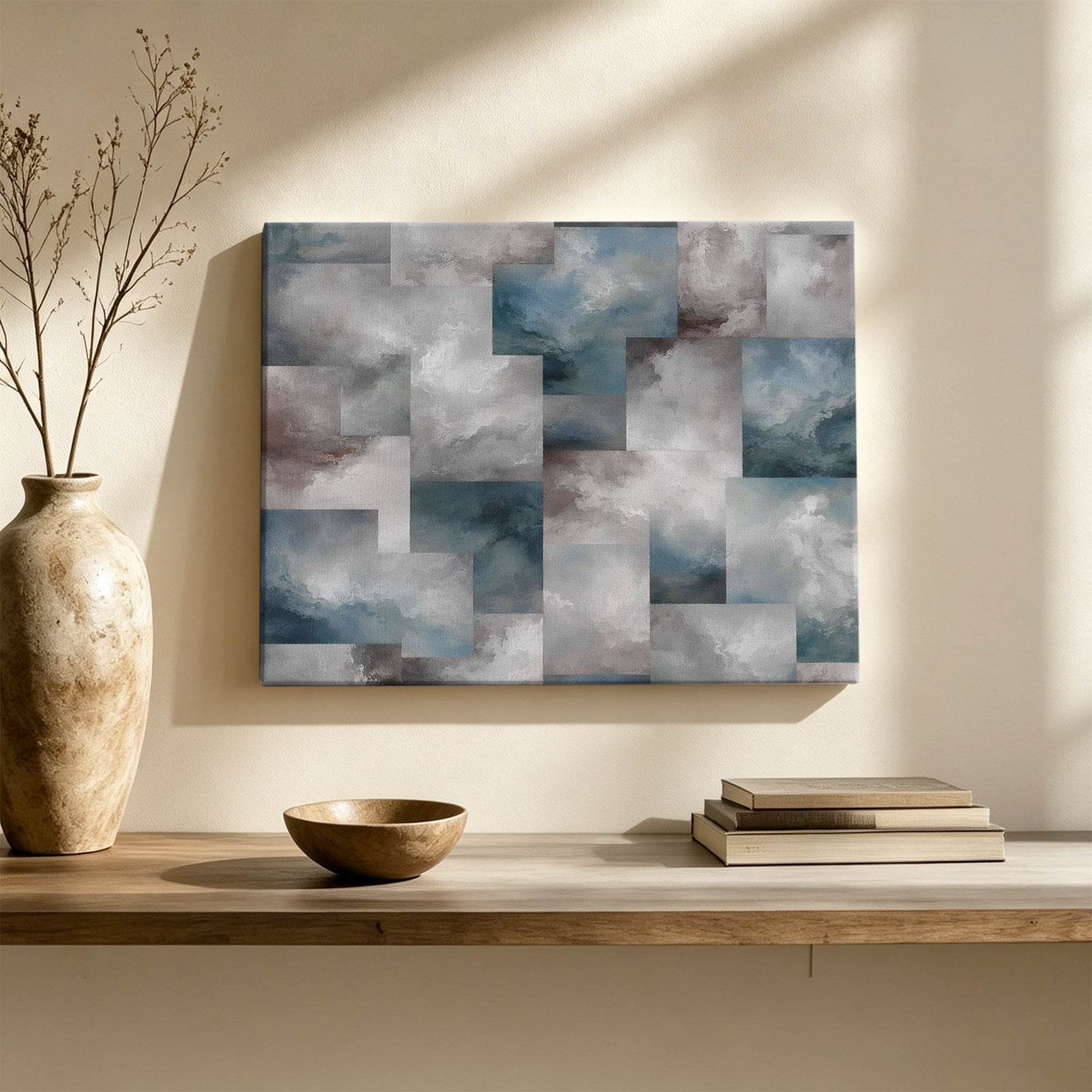 Abstract Block Canvas Wall Art, Minimalist Beige Blue Overlapping Tiles ...