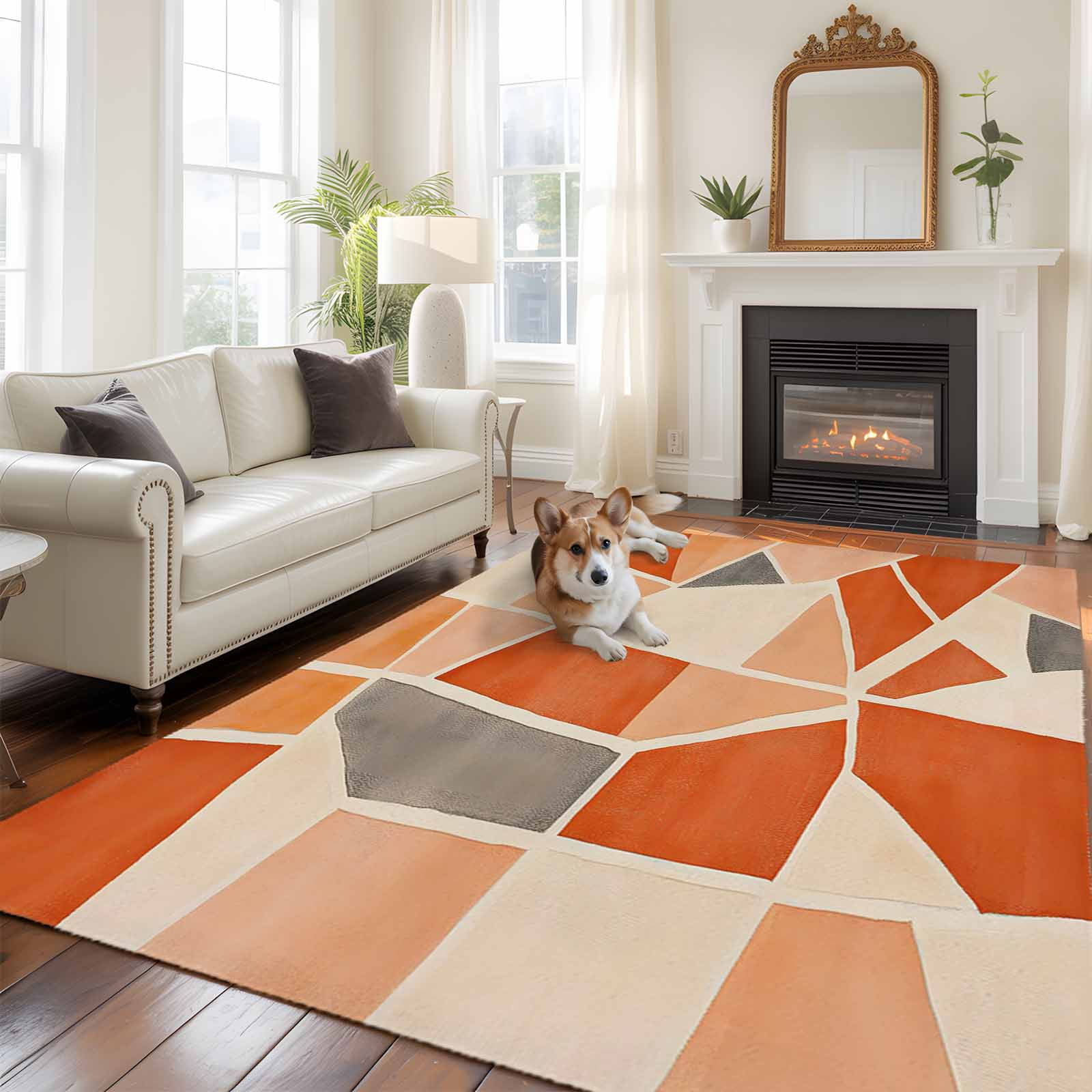 Abstract Block Large Area Rugs 8x10 ft Orange Gray Block White Line ...