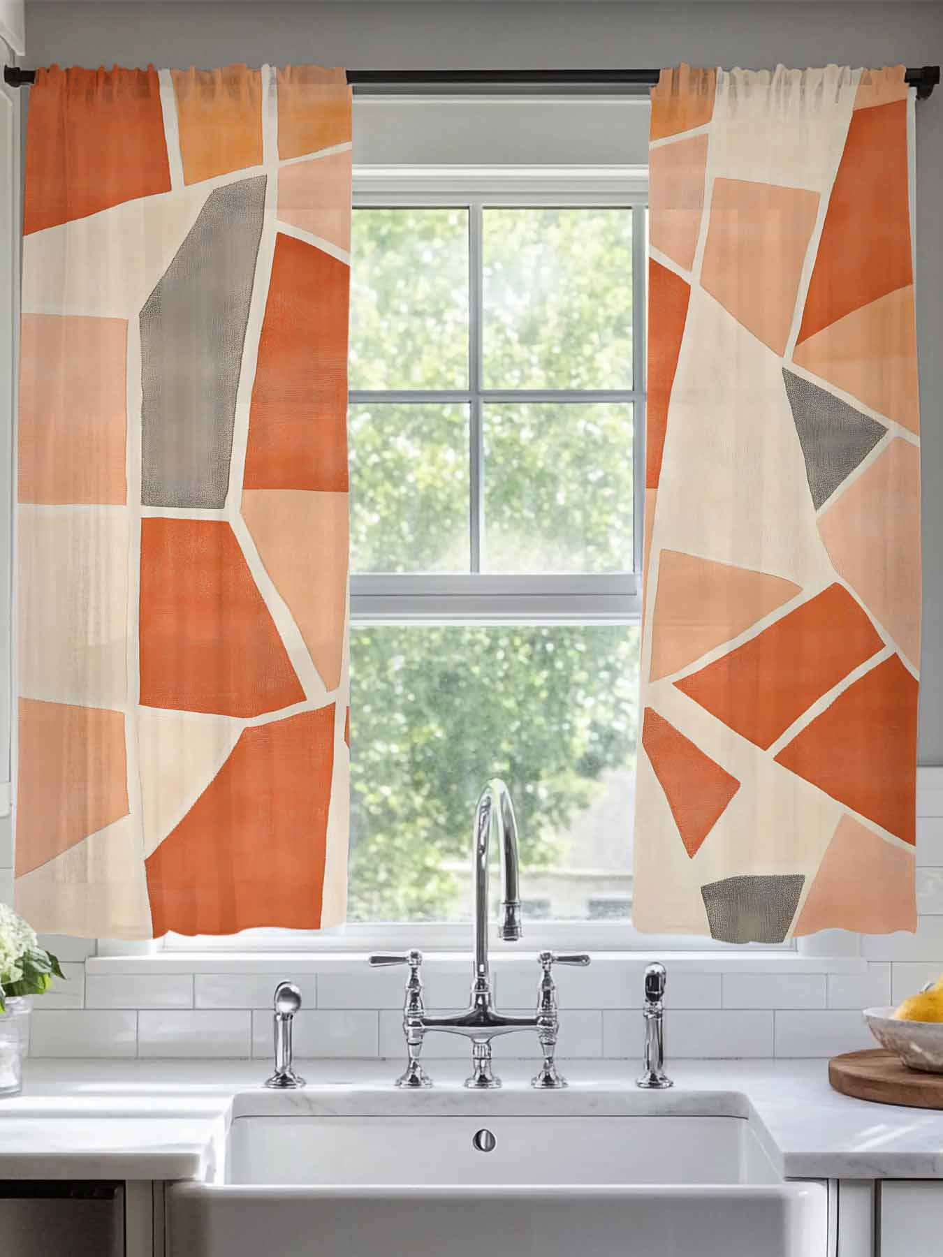 Abstract Block Sheer Curtains 72 Inches Long 2 Panels Orange Gray Block ...