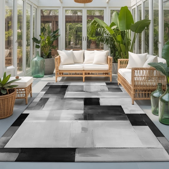 Abstract Block Washable Area Rugs 4'x6', Minimalist Black Gray ...