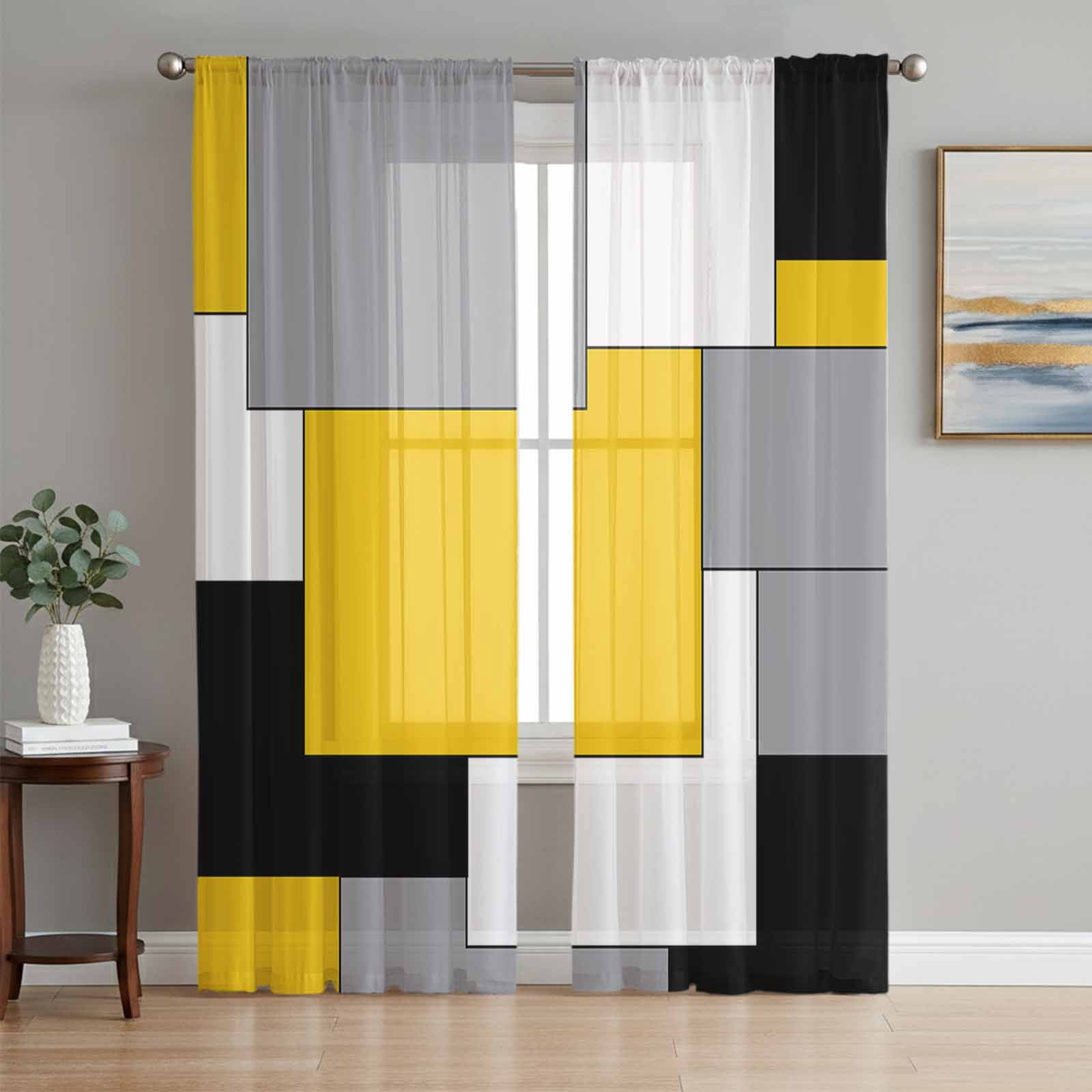 Abstract Blocks Art Paint Plaid Chiffon Sheer Curtains 108 Inches Long ...