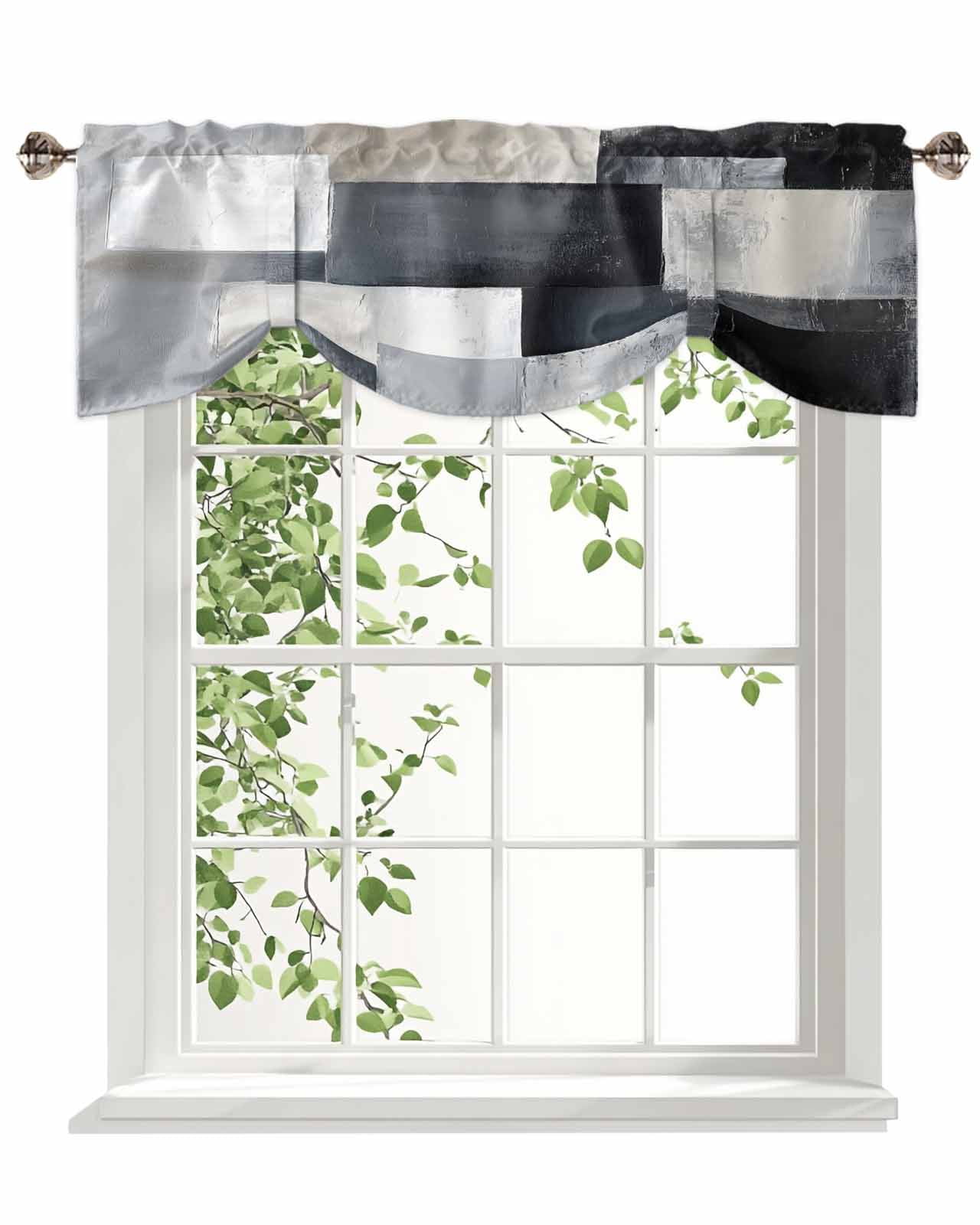 Abstract Blocks Tie Up Valances Curtain, Black Grey Watercolor Modern ...