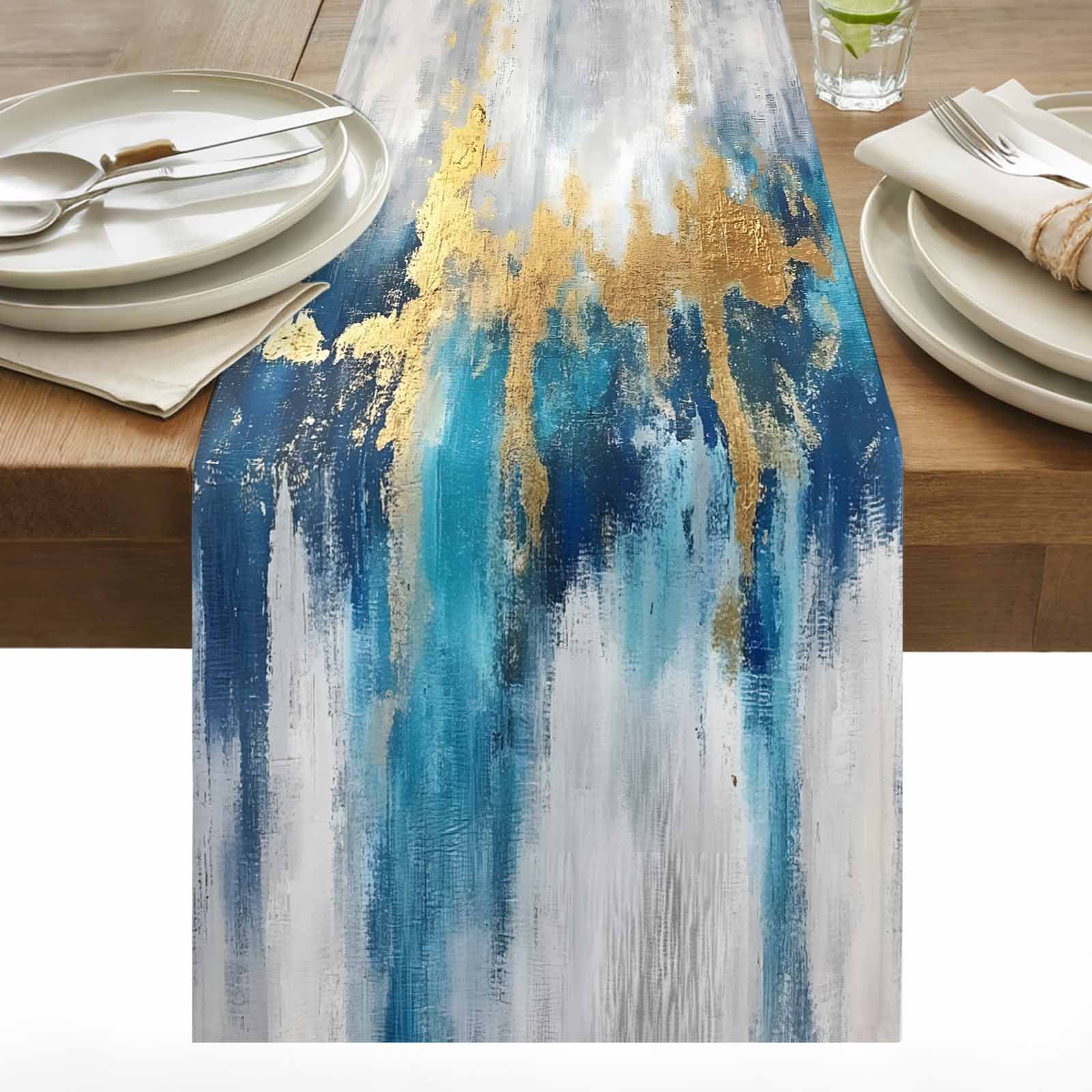 Abstract Blooming Effect Table Runner 13x108 inch Watercolor Blue Gold ...