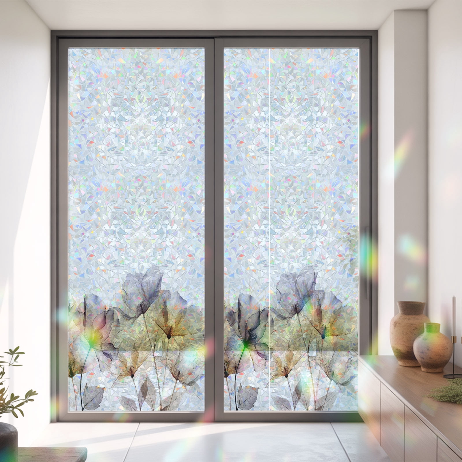 Abstract Blossom Floral on White Window Privacy Film, Rainbow Film ...