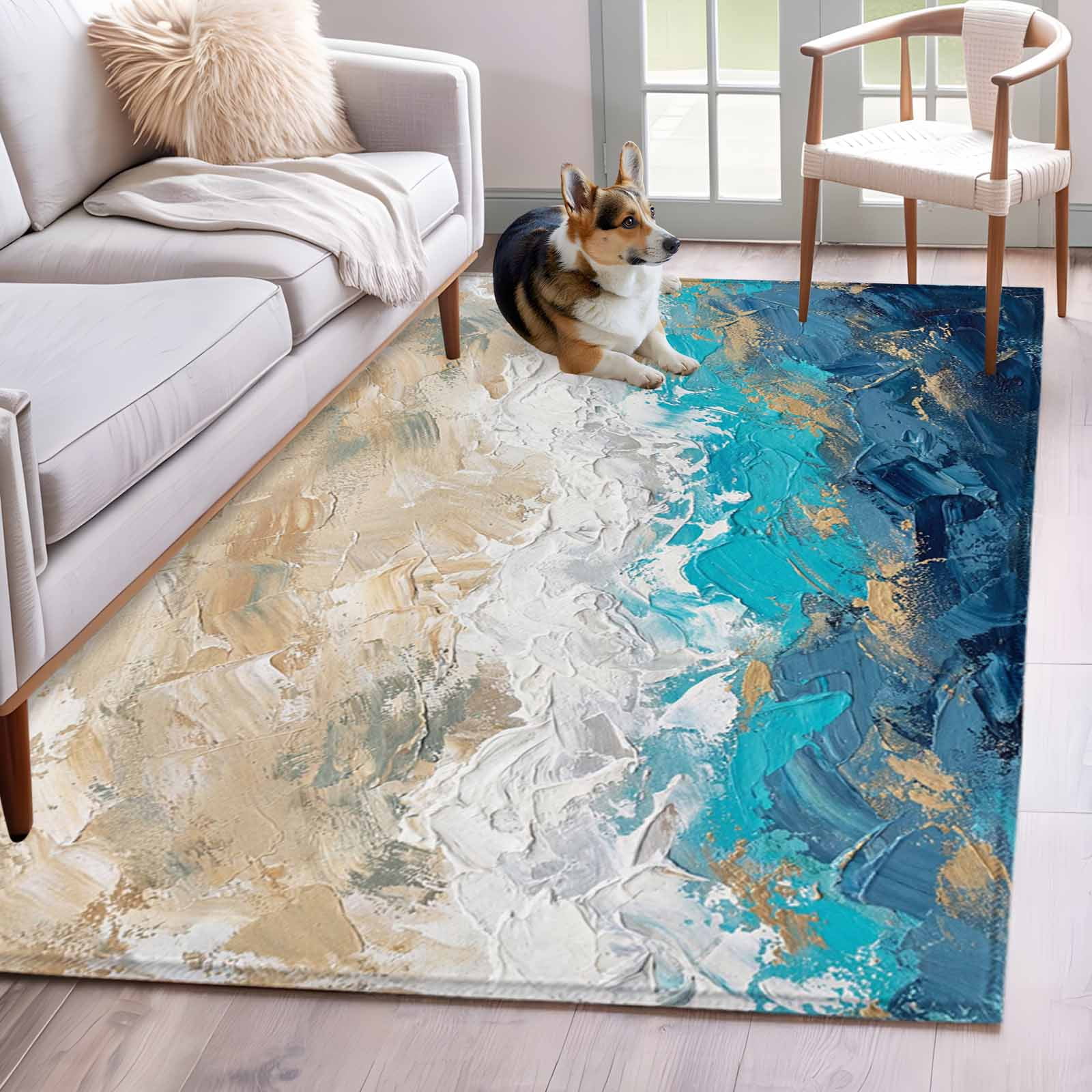 Abstract Blue 3'x5' Washable Rug, Gradient Vintage Ombre Mottled Oil ...