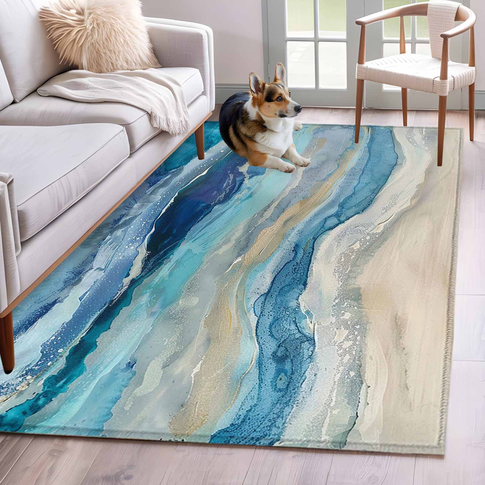 Abstract Blue Area Rugs 4x6 ft Gradient Beach Ocean Wave Oil Painting ...
