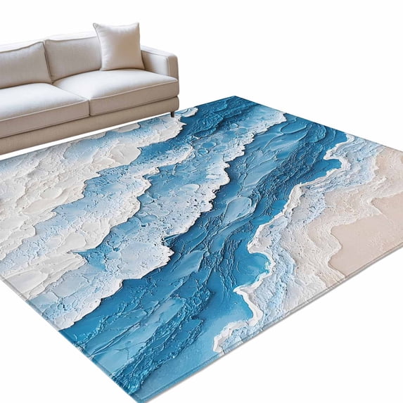 Abstract Blue Area Rugs 5x7ft Beige Gradient Ocean Wave Oil Painting ...