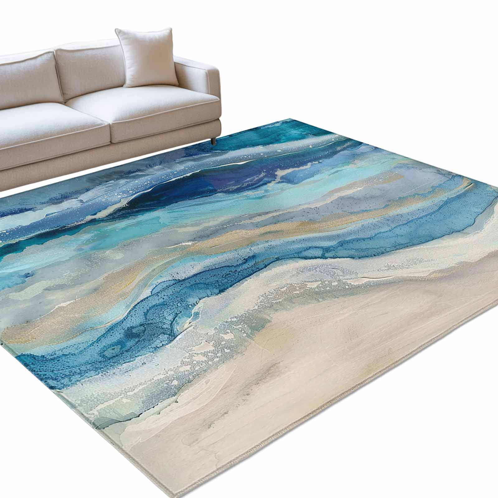 Abstract Blue Area Rugs 5x8ft Gradient Beach Ocean Wave Oil Painting ...