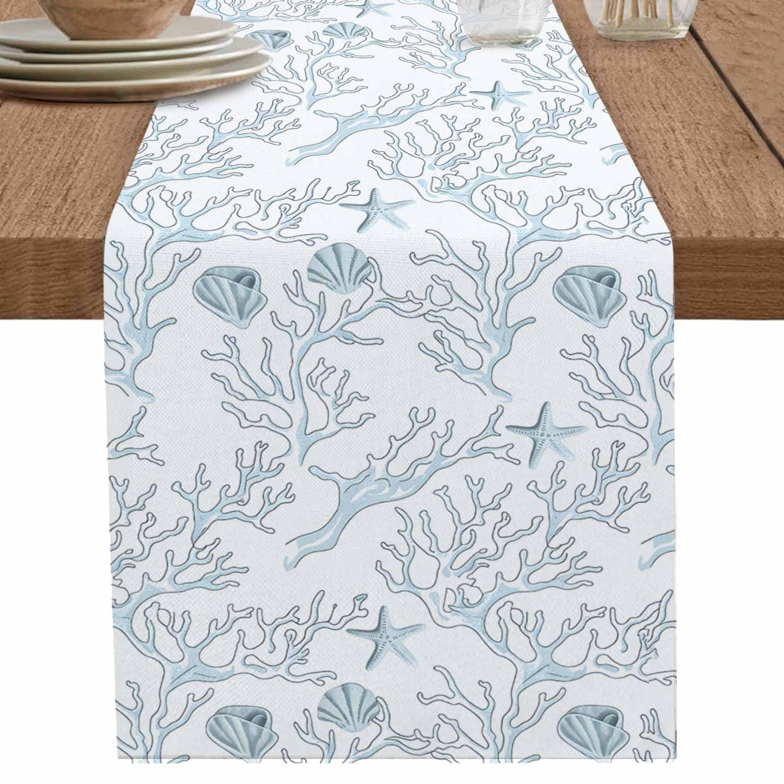 Abstract Blue Bare Tree Shell on White Table Runner-70 Inch Long Summer ...